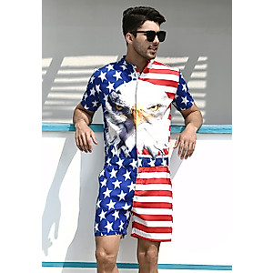 RAISEVERN Men's Rompers Male Zipper Jumpsuit Shorts Flag Independence Day 4th of July One Piece Romper Slim Fit Bro Short Sleeve Shirt Outfits
