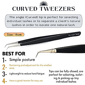 Cross Edge Corporation My Lash Tools Fiber Tip Eyelash Tweezers for Extensions Pro Volume, Isolation & Classic False Lashes Stainless Steel Straight and Curved Set (2 Pieces, 5) (CEC-TWEEZERSSETSBLK)