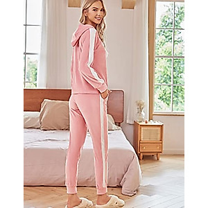 HOTOUCH Sweatsuits Set Womens 2 Piece Sweatshirt & Sweatpants Velour Hoodie Tracksuits Sportswear with Pocket,Stripe Pink, XL