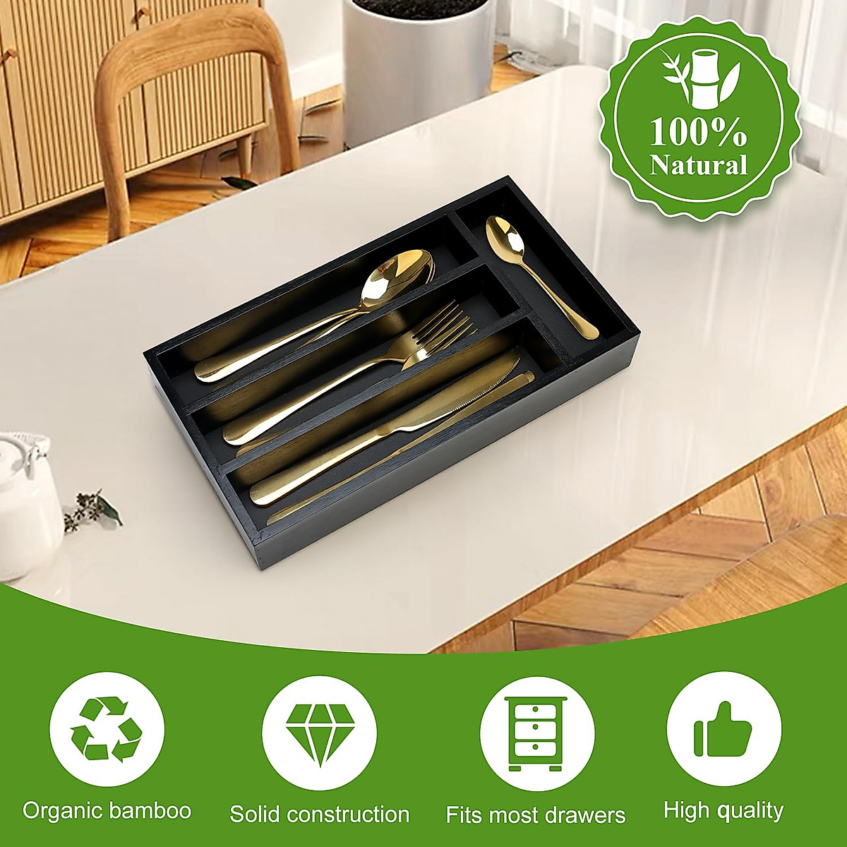 Ayiaren Black Wooden Utensil Tray Best Cutlery Kitchen Drawer Divider Organizer Flatware Tray Wood Cutlery Silverware Drawer Inserts Bamboo Spoon Utensils Storage Organizer