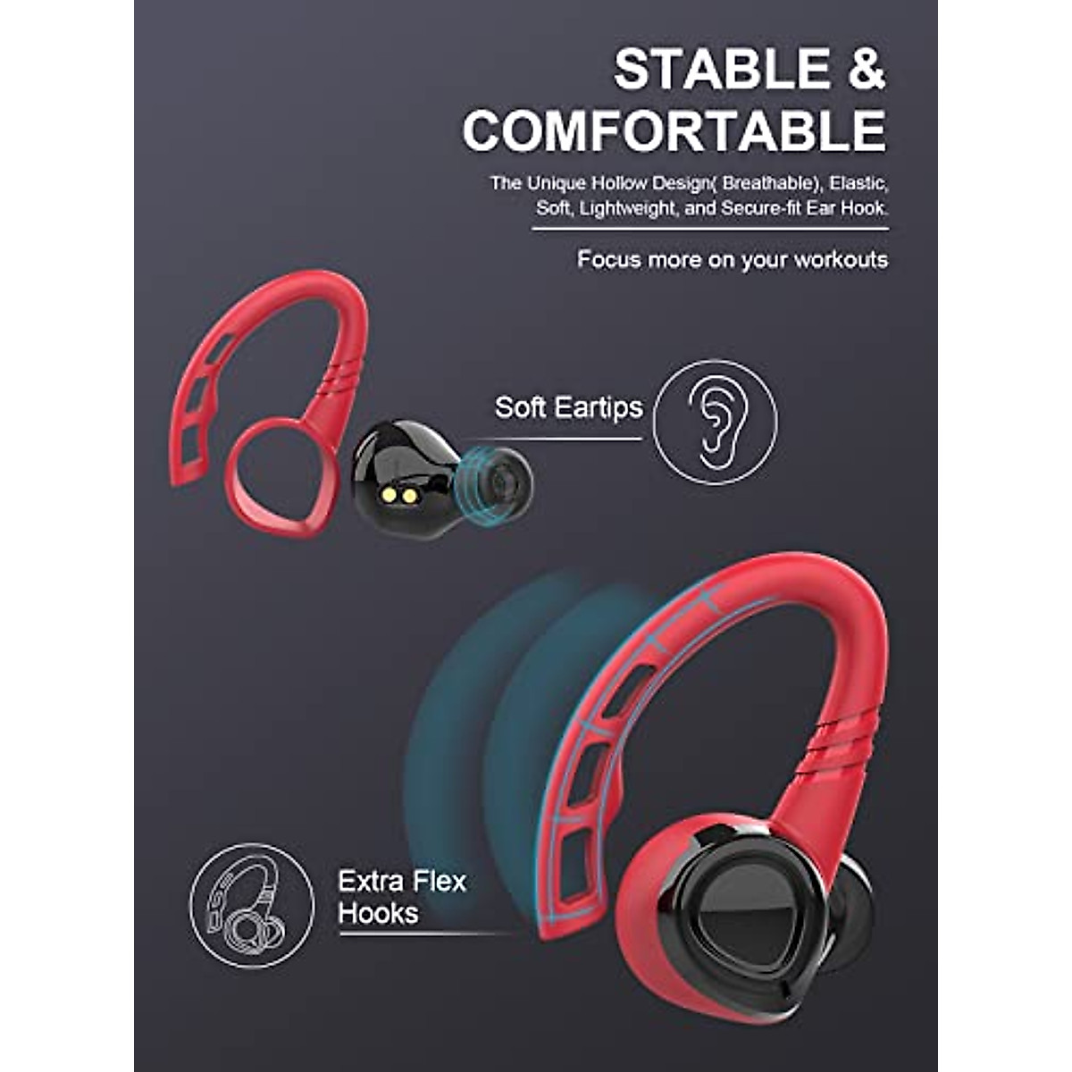 Wireless Earbud, Bluetooth Headphones 5.1 Sport Unique Earhooks, Wireless Earphones in Ear Noise Cancelling Mic Stereo Bass, 35H Playtime IP7 Waterproof Headset for Workout Running Gym Android iOS