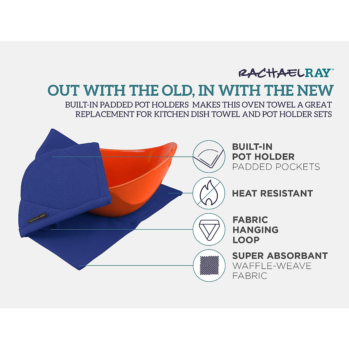 Rachael Ray Multifunctional 2-in-1 Moppine, Ultra Absorbent Kitchen Towel & Heat Resistant Pot Holder, Blue