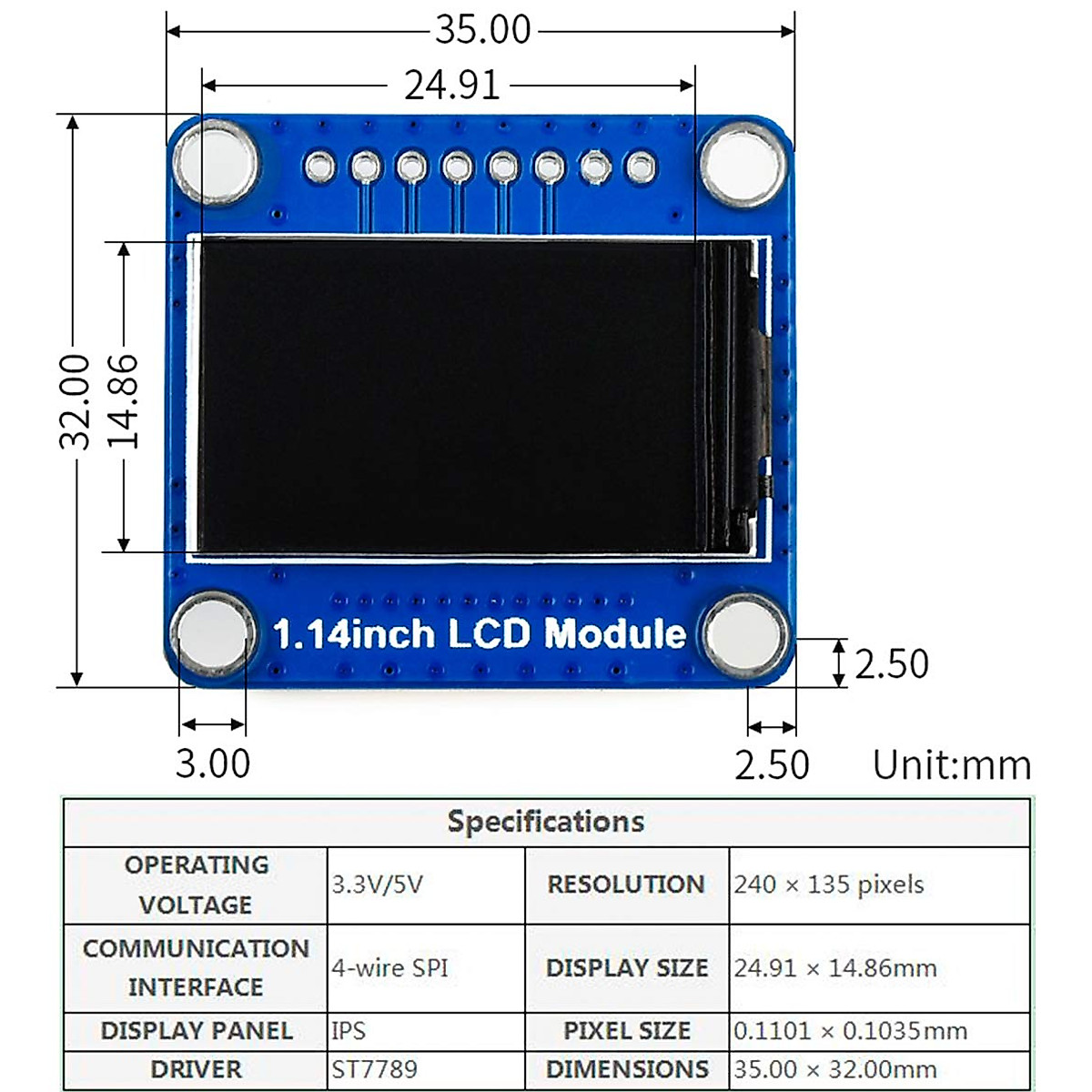 Bicool 1.14inch LCD Display Module IPS Screen, 65K RGB Colors, 240×135 Resolution, Embedded ST7789 Driver, SPI Interface Compatible with Arduino/Raspberry Pi /STM32
