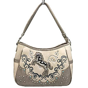 Zelris Western Mustang Horse Turquoise Embroidery Conceal Carry Women Hobo Purse (Beige)