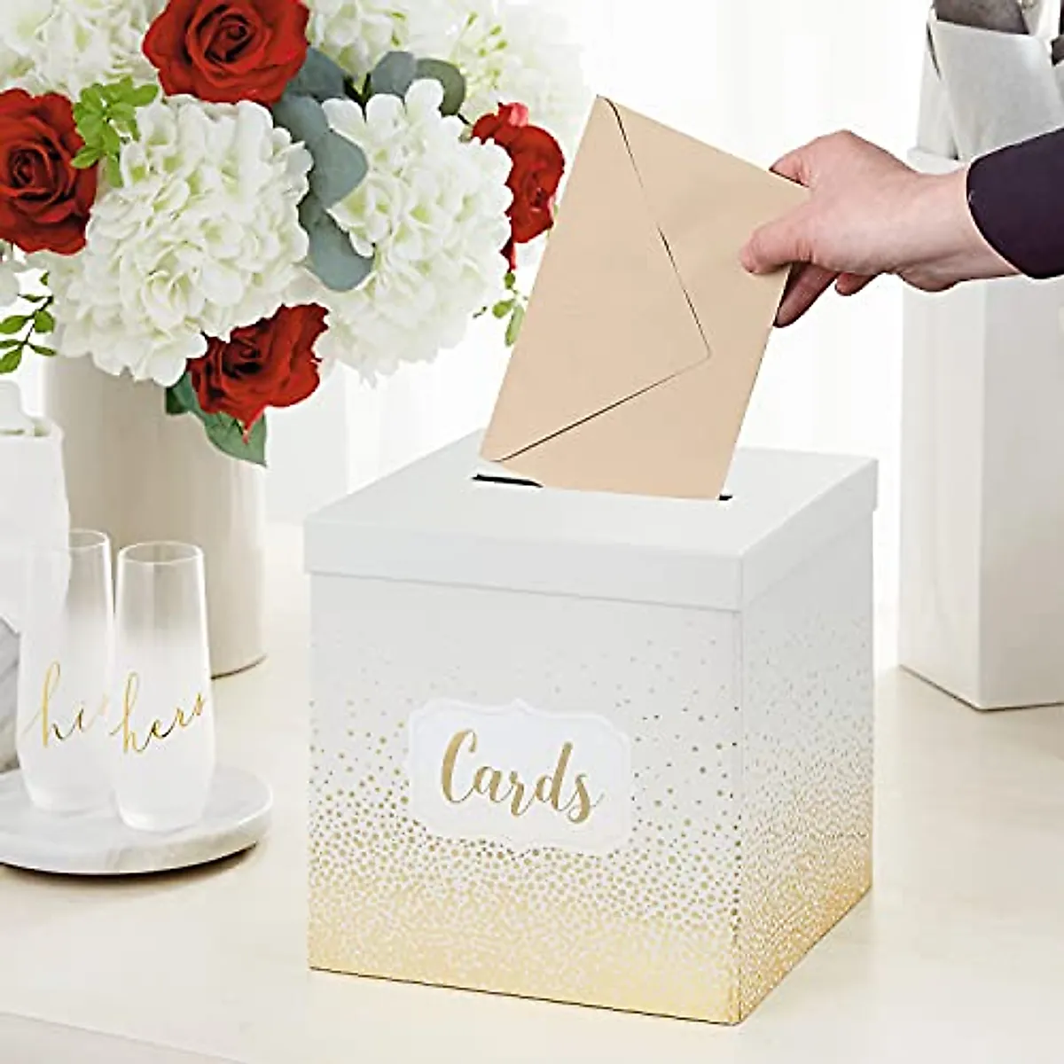 Hallmark 10" Elegant Card Receiving Box (Pearl and Gold Dots) for Weddings, Graduations, Retirements, Birthdays, Open Houses, Anniversaries