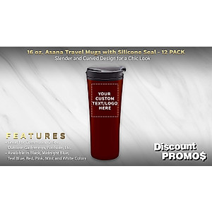 Personalized 16 oz. Asana Travel Mugs with Silicone Seal - 12 Pack - Custom Text, Logo - Red