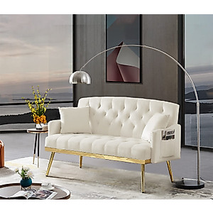 Antetek Upholstered Velvet Loveseat Sofa, Modern Small Sofa Couch with Side Pocket and Golden Metal Legs, Tufted Leisure Sofa for Living Room, Bedroom, Office, Small Space, Light Beige