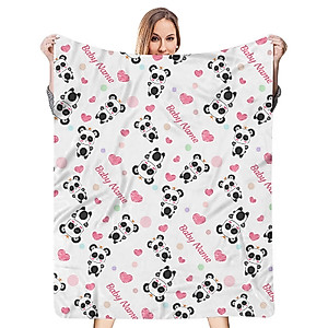 Personalized Cute Panda Printed Minky Baby Blanket with Name, Custom Panda Hearts Patterns Toddler Bedding Blanket for Baby Girls, Birthday Gifts for Newborn Infant, 30" X 40"