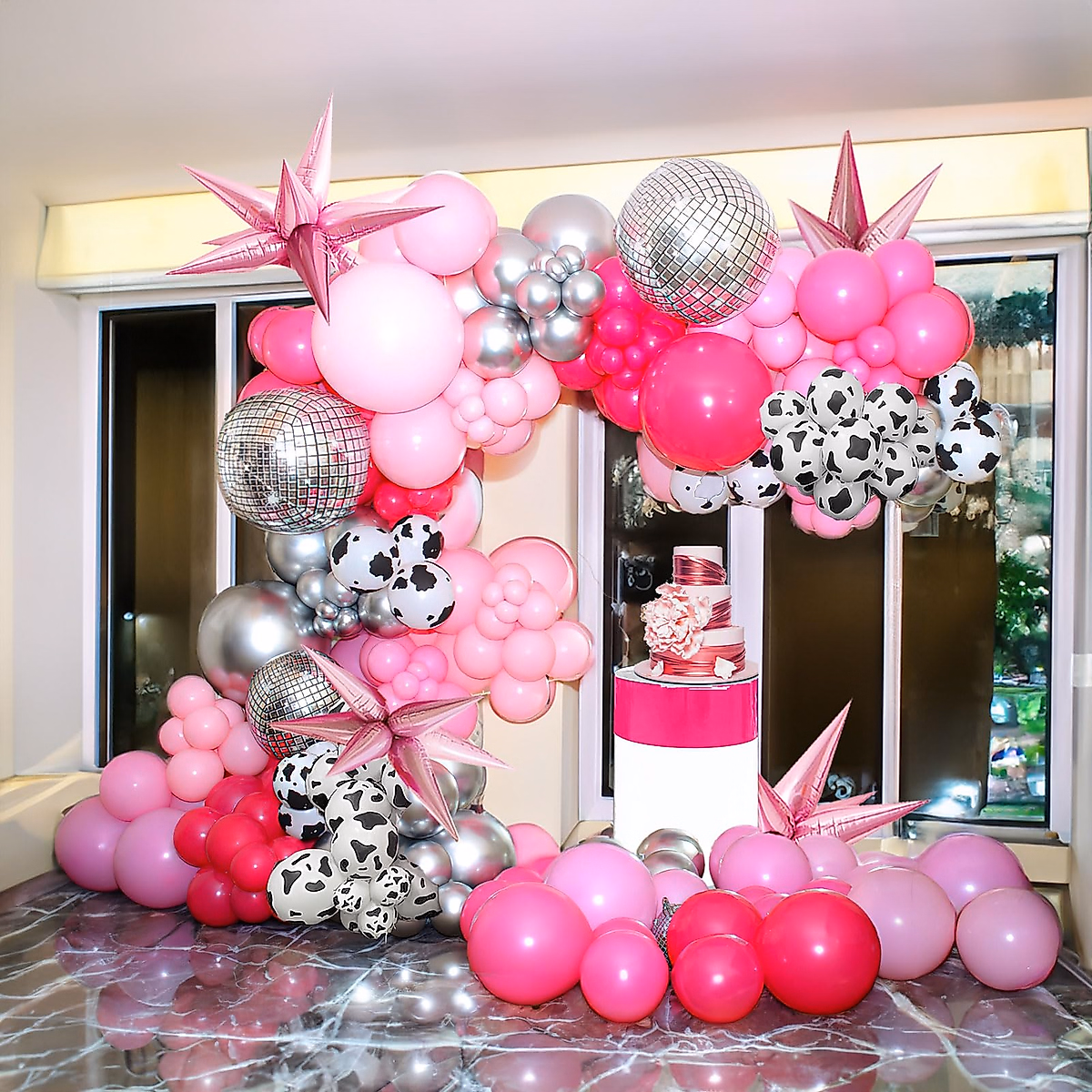 Hot Pink Silver Cow Balloon Garland Kit 157pcs Cow Print Disco Ball Star balloons for women birthday cowgirl last rodeo bachelorette party decorations