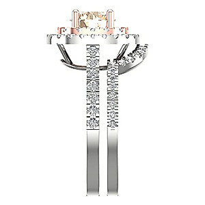 Clara Pucci 1.97ct Round Cut Halo Solitaire Halo Accent Genuine Morganite Curved Statement Bridal Ring Band Set 14k White Rose Gold 8.25