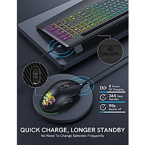 Wireless Keyboard and Mouse with 9 Colored Backlit, Wrist Rest, Jiggler Mouse, Rechargeable Silent Ergonomic Light Up Keyboard Mouse Combo with Phone Holder for Windows, Mac, PC, Laptop