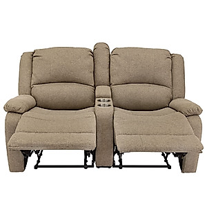 RecPro Charles 64" Double Recliner RV Sofa with Console and Cupholders | Zero Wall Loveseat for Camper | Wall Hugger Couch | Fifth Wheel Theater Seating | Replacement RV Furniture | Oatmeal Cloth