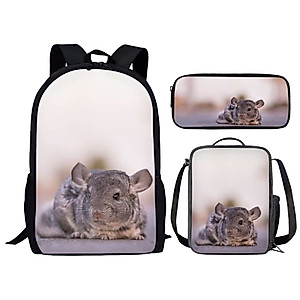 Agoviwo Chinchilla Printed Children School Bag Set 3PCS Set with Bookbag, Meal Holder and Pen Bag