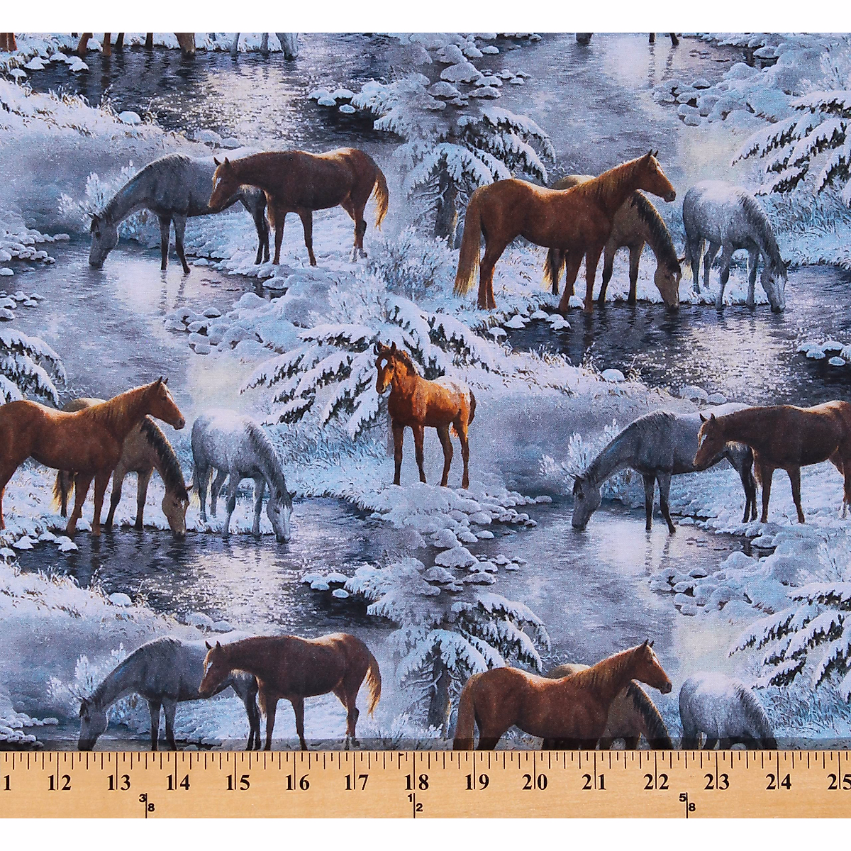 Cotton Horses Equestrian Animals Winter Scenic Crystal Glenn Blue Cotton Fabric Print by The Yard (53281-1600715P)