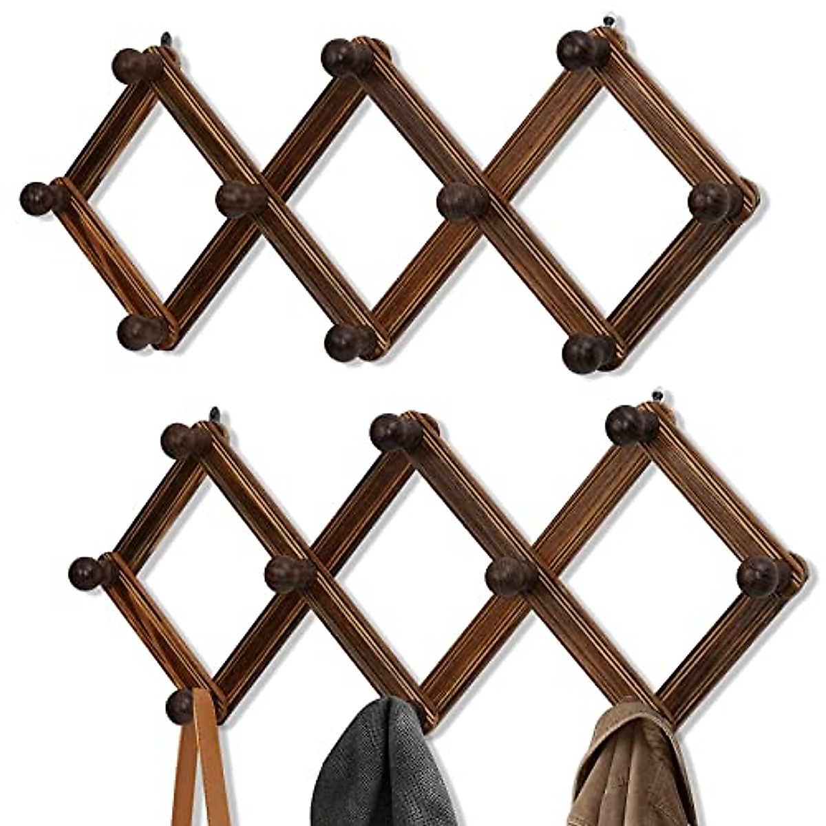 TRSPCWR 2 Pack Accordion Wall Hanger, Expandable Coat Rack Wall Mounted, Solid Wooden Wall Hat Rack, Wood Hat Hanger for Hanging Coat, Hats, Caps, Mugs, 10 Peg, Brown
