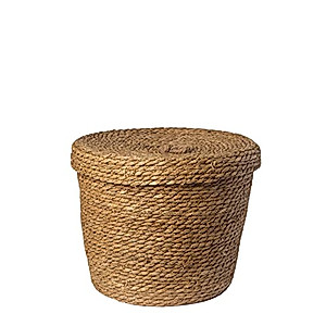 Handcrafted basket with lid. Decorative Baskets for storage. Natural rope basket with lid. Woven Seagrass baskets for blanket. Lidded Basket design. Round decorative basket. (Small)