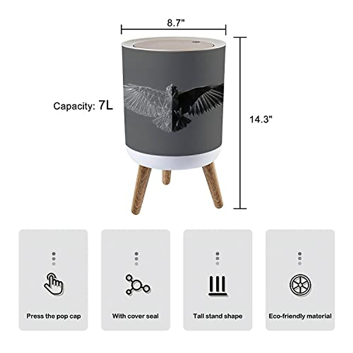 Small Trash Can with Lid Raven in Flight on Grey Low Triangular and Wireframe EPS 8 Isolated 7 Liter Round Garbage Can Elasticity Press Cover Lid Wastebasket for Kitchen Bathroom Office 1.8 Gallon