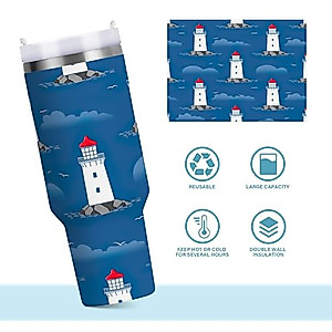 RPLIFE Whimsical Sweet Lighthouse Blue Coffee Tumbler with Handle, Stainless Steel Coffee Tumbler, Cups with Lids