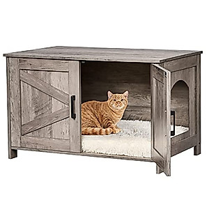 Homhedy Cat Litter Box Enclosure,Litter Box Furniture Hidden with Barn Door,Wooden Cat Washroom Furniture,Cat House,Fit Most of Litter Box, Greige