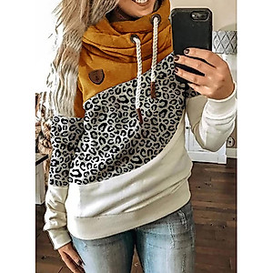 Janepam Women Sweatshirt Hoodie Plus Size Fleece Lined Leopard Spotted Dot Color Block Funnel Cowl Neck Drawstring Loose Hood Tops(C Yellow,3XL)