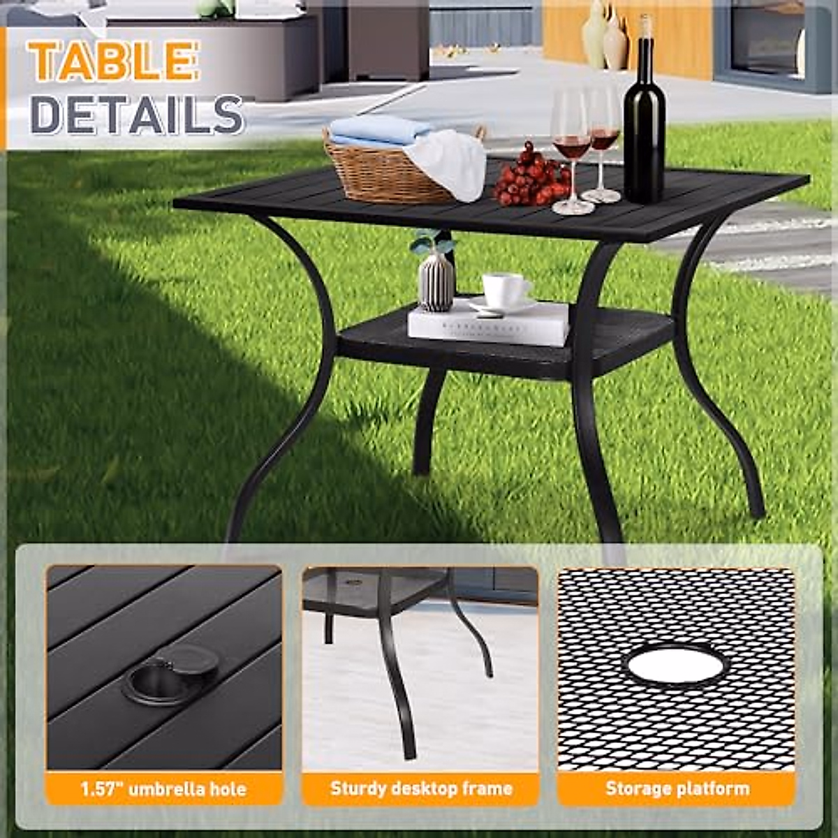 SUNCROWN 5-Piece Outdoor Wrought Iron Chairs and Table Patio Dining Furniture Set - 4 Stackable Metal Chairs, 1 Steel Slat Bistro Table for Garden Backyard Deck