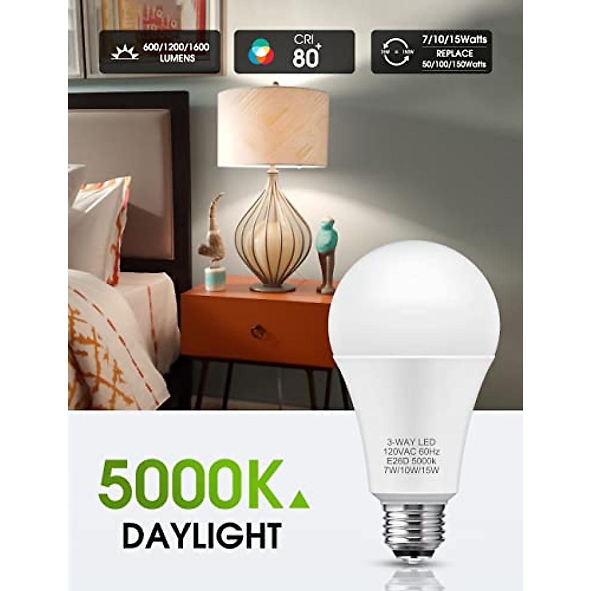 3 Way Light Bulbs, LOHAS 3 Way LED Light Bulbs 50 100 150W Equivalent, Daylight White 5000K, Three Way A19 Light Bulbs, E26 Base LED Bulbs for Desk Lamps, Floor Lamps, Table Lamps, 2 Pack