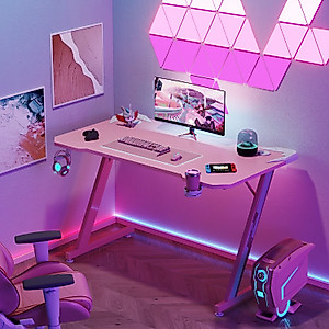 Shahoo PC Gaming Desk 44 Inch Z Shaped Carbon Fiber Surface Desktop Computer Table with Cup Holder & Headphone Hook, 44 in, Pink