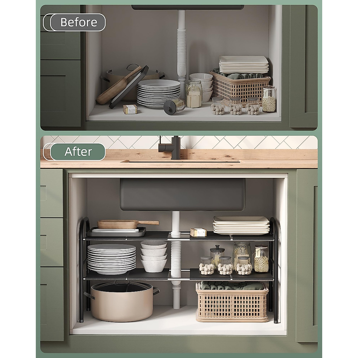 NETEL Under Sink Organizers and Storage, 2 Tier Expandable Under Cabinet Organizer Shelf with 8 Removable Panels,Expandable Shelf for Cupboard,Kitchen,Bathroom,Shoe Storage Rack