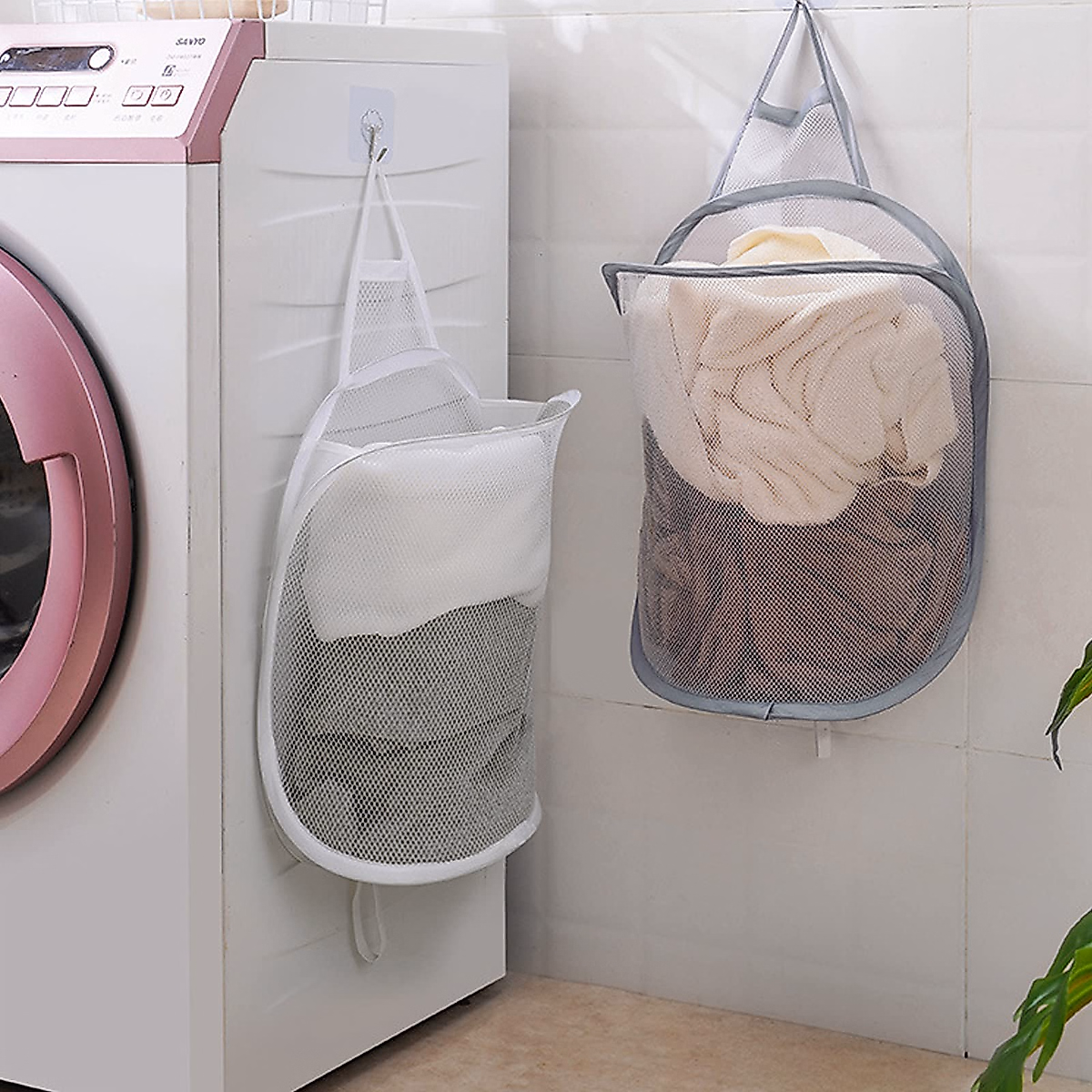 Pop-up Hanging Laundry Hamper Small Mesh Laundry Basket 2 Pack Foldable Hamper Collapsible Wall Mounted Storage Bag, Back to School Supply Grey & White