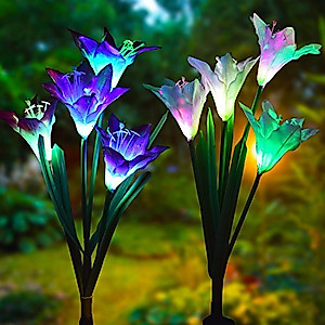 Doingart Outdoor Solar Garden Stake Lights 2 Pack Solar Powered Lights with 8 Lily Flower, Multi-Color Changing LED Solar Decorative Lights for Garden, Patio, Backyard (Purple and White)