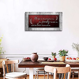 Inspirational Wall Art Painting | Christian Quote Canvas Wall Art Dining Room | Red Wall Decor Living Room | Wooden Framed Canvas | Rustic Home Decor Farmhouse | Bless The Food Before Us,Ready To Hang 24"X 48"