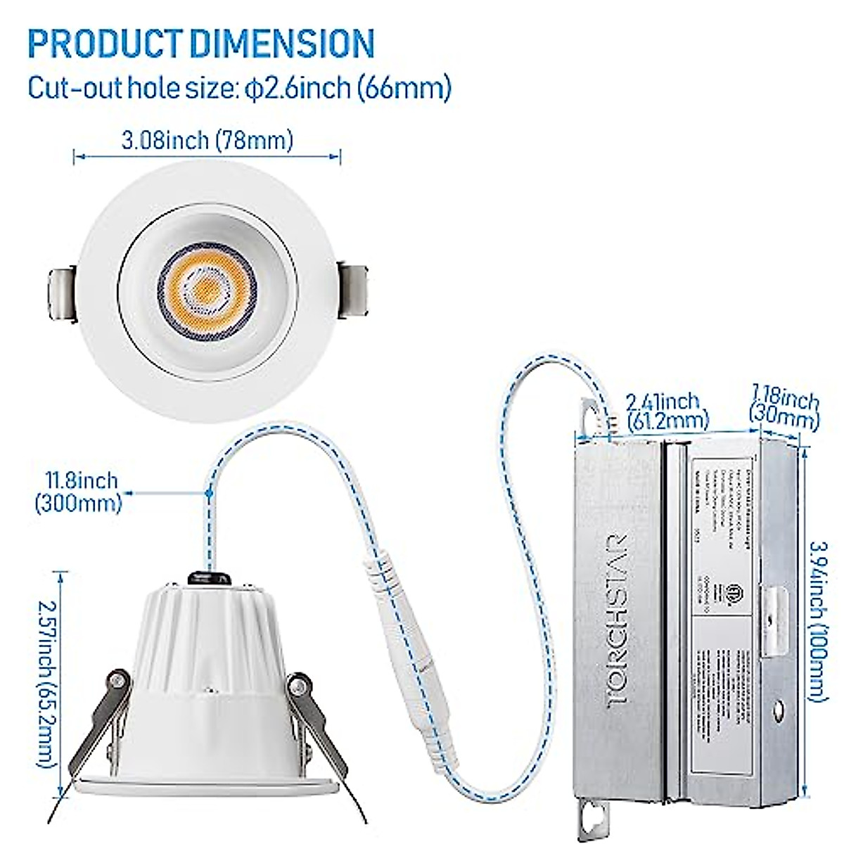 TORCHSTAR 2 Inch LED Recessed Lighting with Junction Box, 600lm CRI90+ Dimmable Anti-Glare LED Downlight, IC Rated, ETL, Energy Star, JA8 & T24 Listed, Baffle Trim, 3000K Warm White, Pack of 6