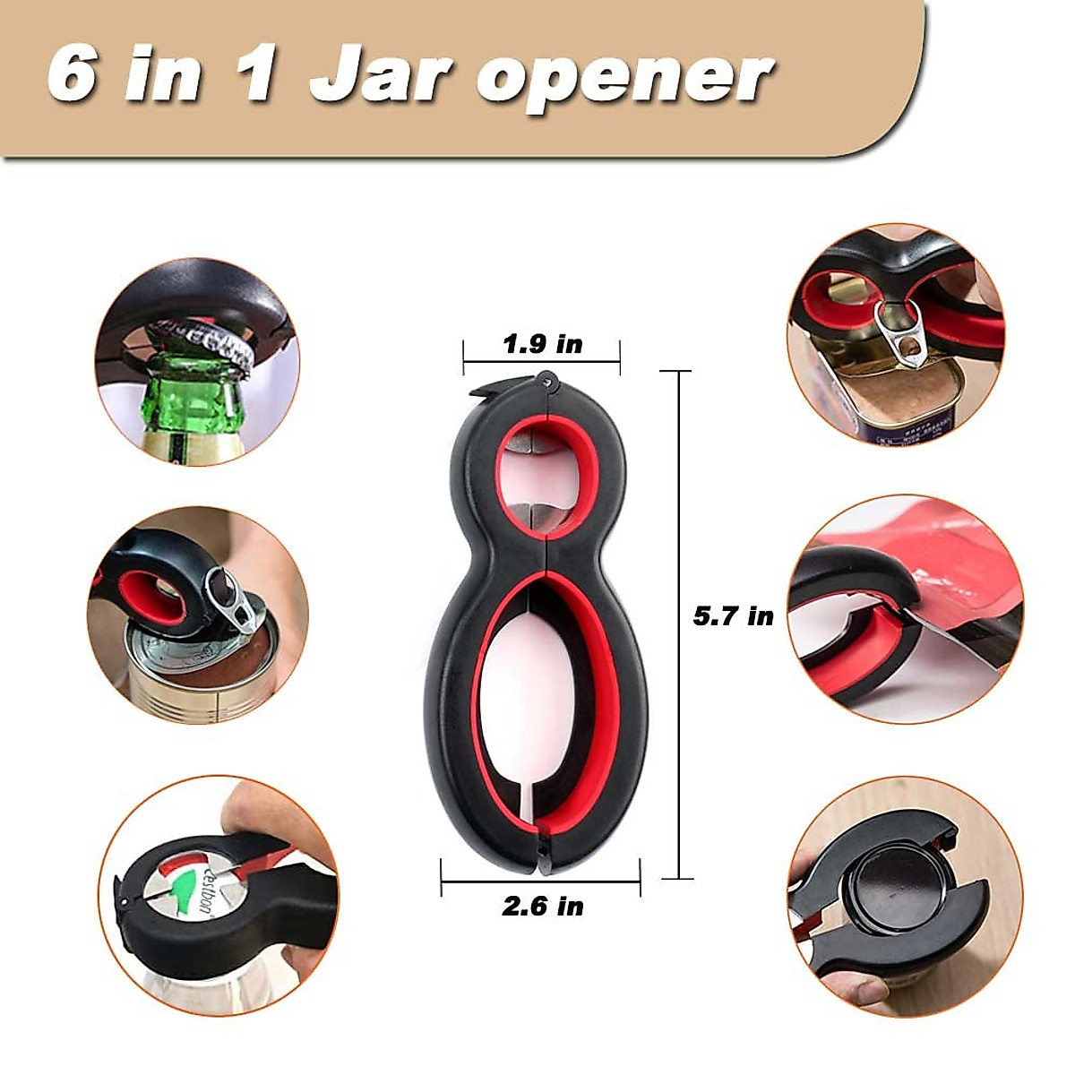 3 Pack Jar Opener, Multi Function 4&5&6 in 1 Bottle Opener (Red & Black)