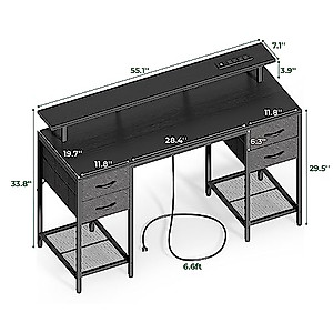 Huuger 55 inch Computer Desk with 4 Drawers, Gaming Desk with LED Lights & Power Outlets, Home Office Desk with Large Storage Space for Bedroom, Work from Home, Black