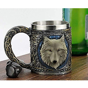 Ebros Gift Alpha Gray Wolf Celtic Tribal Magic Resin 16oz Mug With Stainless Steel Rim Figurine For Coffee Tea Cereal Drinks Halloween Party Hosting Kitchen Dining Decor Of Wolves Timberwolf Direwolf