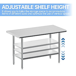 JOPHUN Stainless Steel Work Table, NSF Commercial Worktable with Undershelf and Legs for Restaurant, Home and Hotel - 24" D x 48" W x 34" H Inches