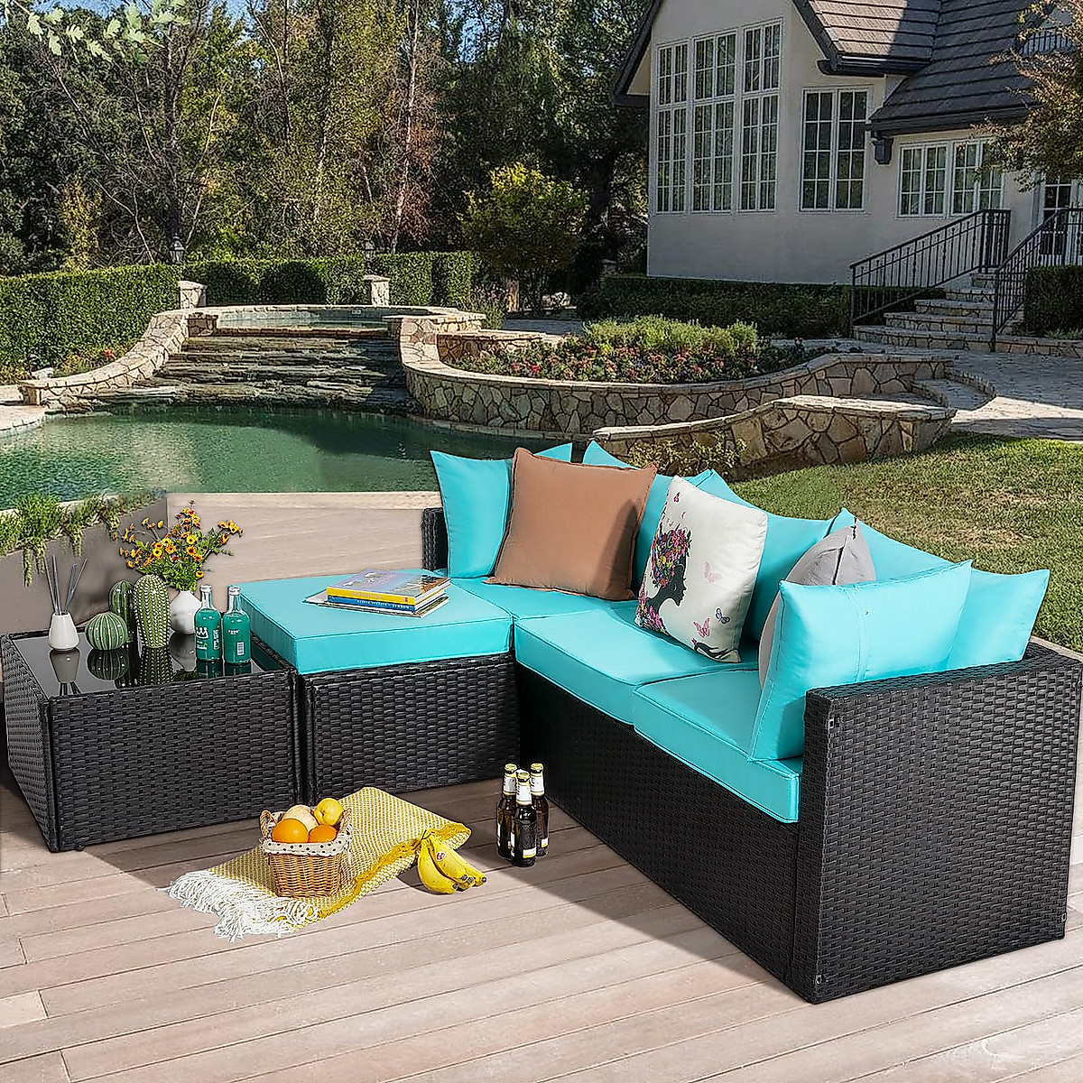 VITESSE Patio Furniture Sets All Weather Outdoor Sectional Sofa Manual Weaving Wicker Rattan Patio Conversation Set with Cushion and Glass Table (5 Pieces, Light Blue)