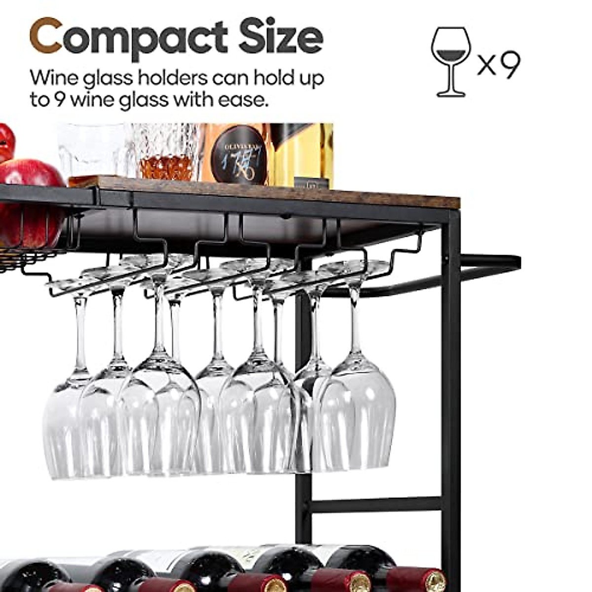 melos Bar Cart, Mobile Bar Serving Cart, Rolling Wine Cart with Glass Stemware Rack and Wine Bottle Holders, ndustrial Vintage Style Kitchen Serving Cart for, Kitchen(Brown)