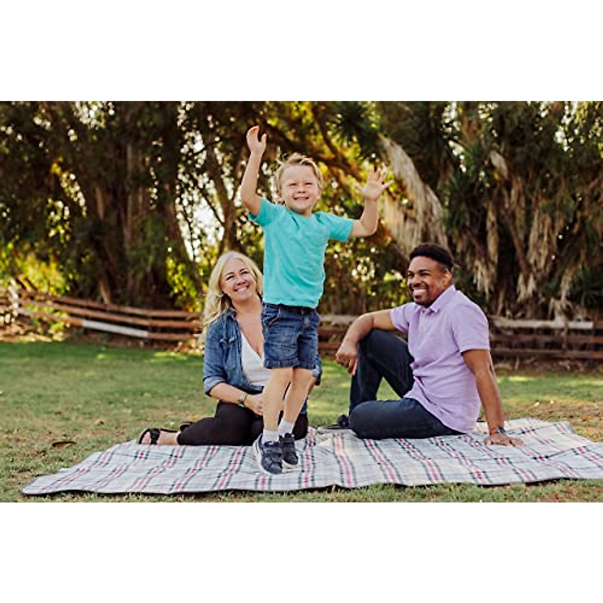 Blanket Tote XL Outdoor Picnic Blanket - Beach Blanket - Camping Blanket, (Carnaby Street Collection - Gray with Blue & Red Accents)