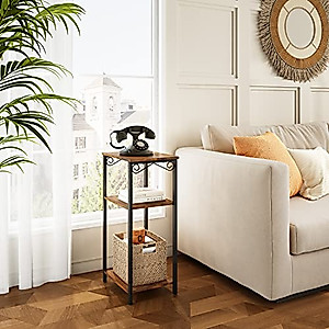 Hoctieon 3 Tier End Table Set of 2, Slim Side Tables, Narrow Side Tables, Nightstands for Small Spaces, Metal Frame, Easy Assembly, Rustic Brown