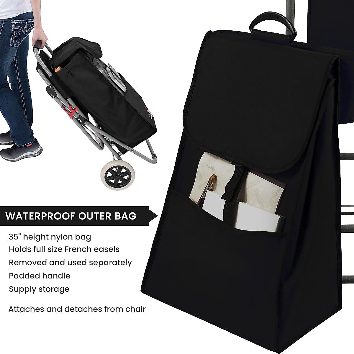 The ArtComber Folding Big Wheeled Portable Rolling Chair/Art Cart with Storage - Black