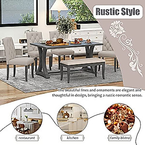 Morhome 6-Piece Dining Set with Bench, Kitchen Funiture with 4 Upholstered Chairs for Home Restaurant