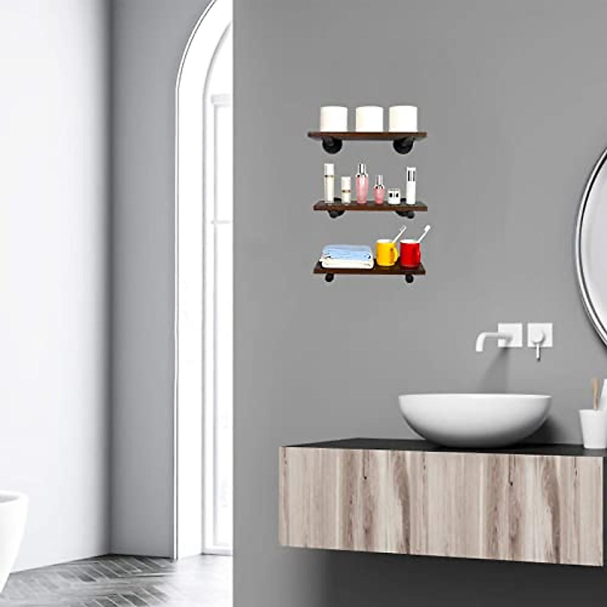 MANTE BLONG QTSARTISAN Floating Shelves with Industrial Pipe Brackets Rustic Set of 3, Wall Mounted Wood Shelving Storage Home Decor for Living Room Bedroom Bathroom Kitchen Office 17" x 7.1", Brown