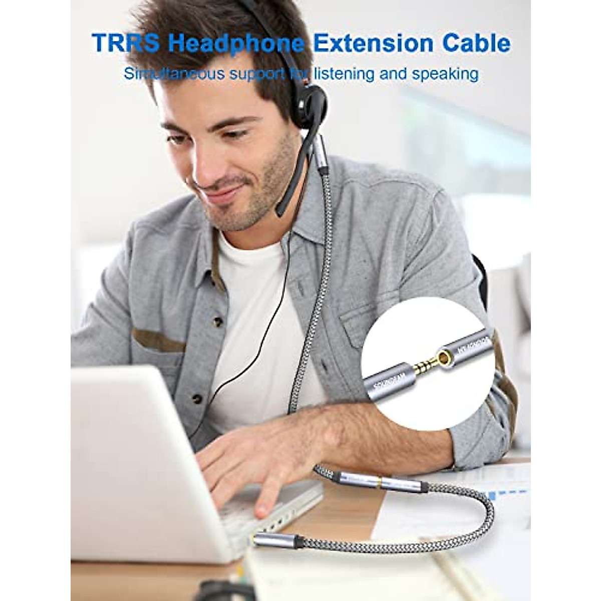 SOUNDFAM Headphone Extension Cable[6.6 Feet/2M] TRRS 3.5mm Audio Cable Male to Female AUX Cable Nylon-Braided Stereo Extension Cord Adapter Support Mic Function for Smartphone Tablets-Grey