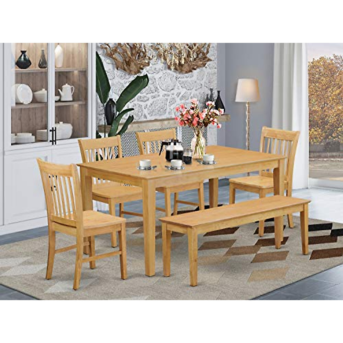 East West Furniture Capri 6 Piece Room Furniture Set Contains a Rectangle Kitchen Table and 4 Dining Chairs with a Bench, 36x60 Inch, Oak