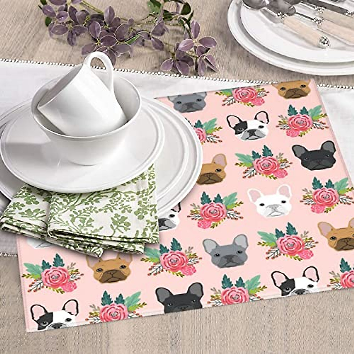 French Bulldog And flowers Printed Drying Mat For Kitchen Ultra Absorbent Microfiber Dishes Drainer Mats Non-Slip Silicone Quick Dry Pad - 18 X 16inch