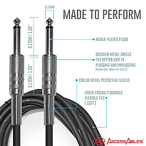 AxcessAbles 1/4 Inch to 1/4 Inch TS Guitar Audio Cable- 10ft | 6.35mm Instrument Cable | Amp Cable for Guitar | Unbalanced 1/4 Patch Cord-10ft
