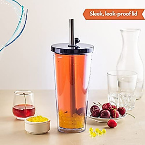 24 oz Reusable Boba Cup Smoothie Tumbler with Resealable Lid Plug, Double Wall Insulated, Boba Tea Kit, Leakproof Bubble Tea Cup, Reusable Boba Straw for Boba Pearls, Bubble Tea Kit, Boba Kit (Black)