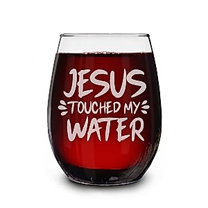 shop4ever® Jesus Touched My Water Engraved Stemless Wine Glass Funny Jesus Wine Glass