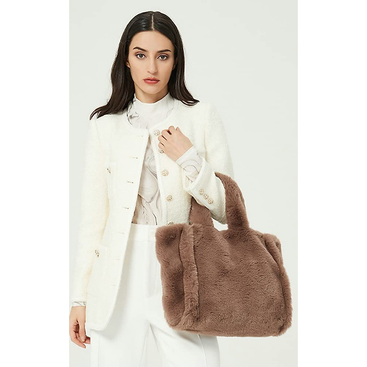 Women Tote Bag Fluffy Faux Fur Handbags Large Capacity Shopping Shoulder Bag Furry Clutch Handbag